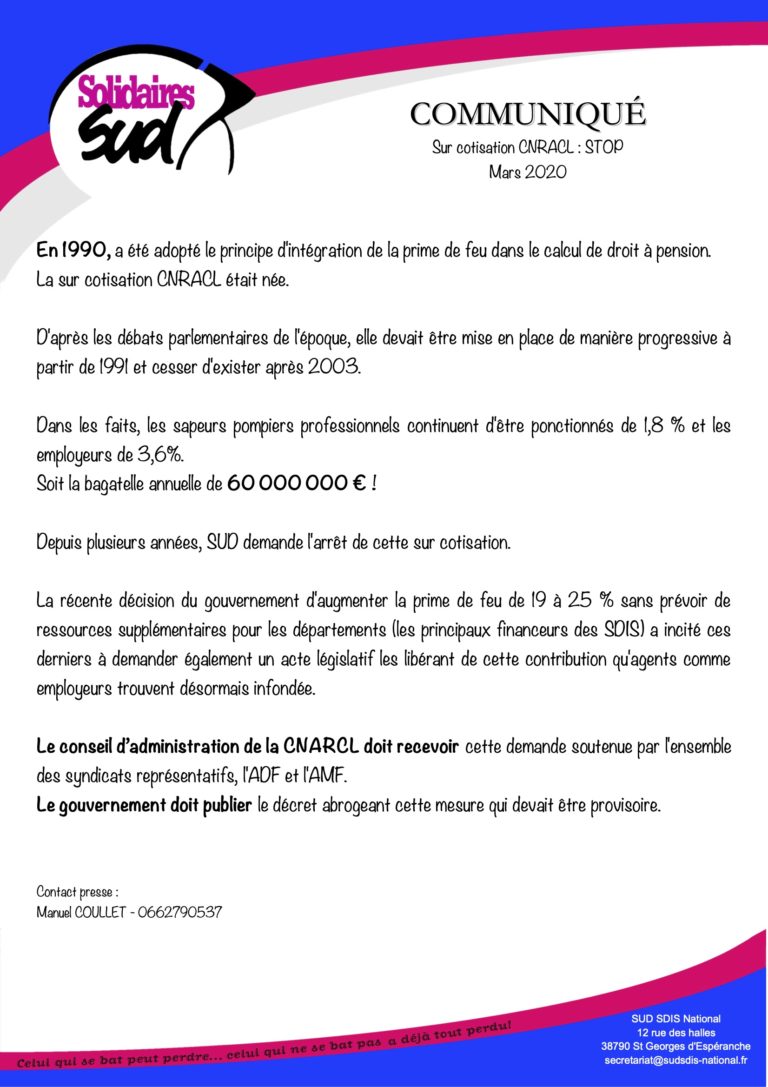 Communiqué sur cotisation – Sud-sdis62